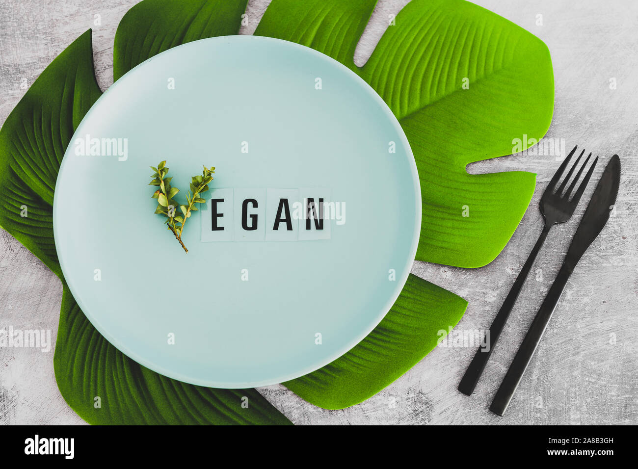 Vegan text with V made from small branches with leaves on plate with ...