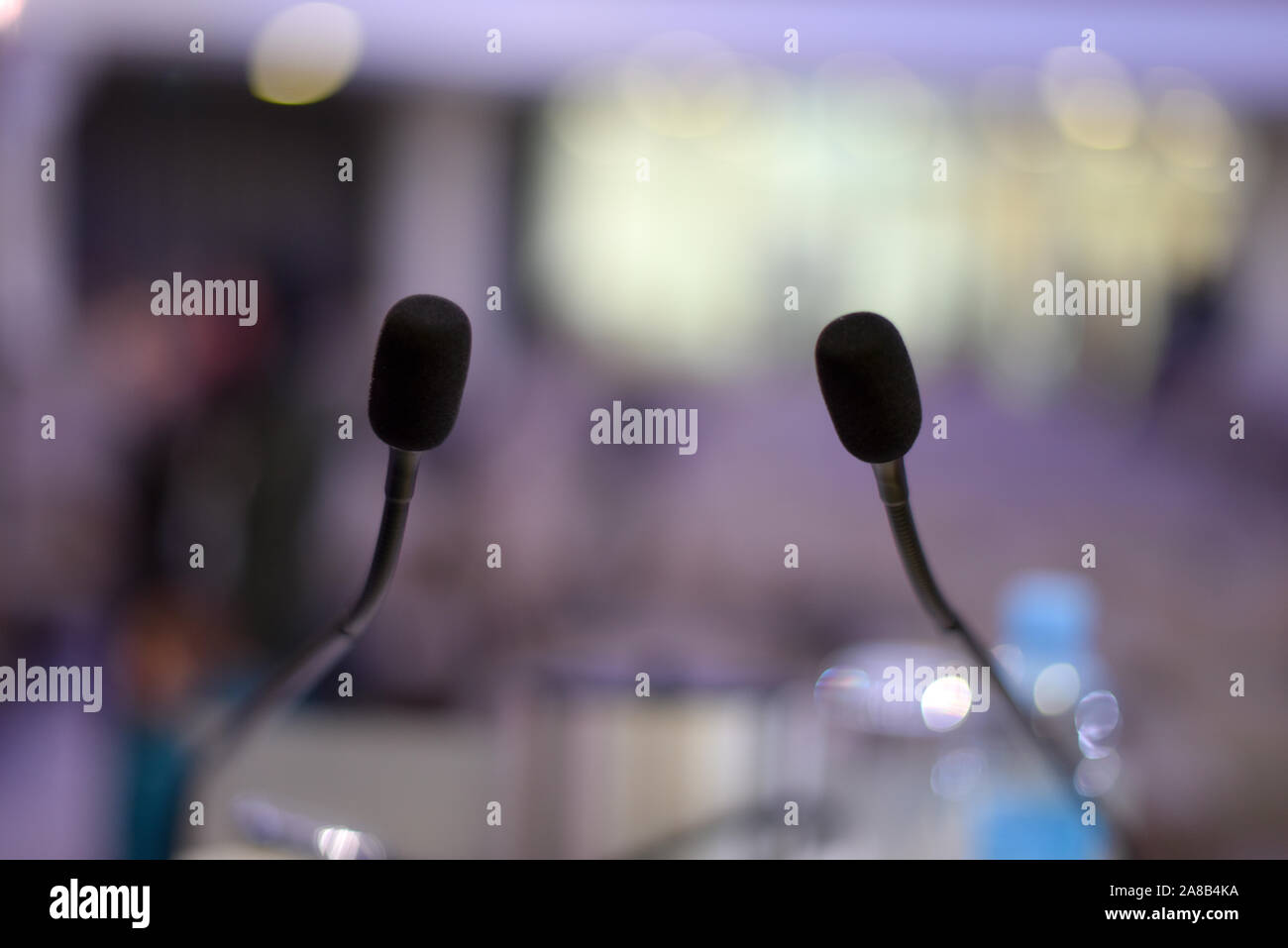 Microphones during business conference in conference room or hall ...