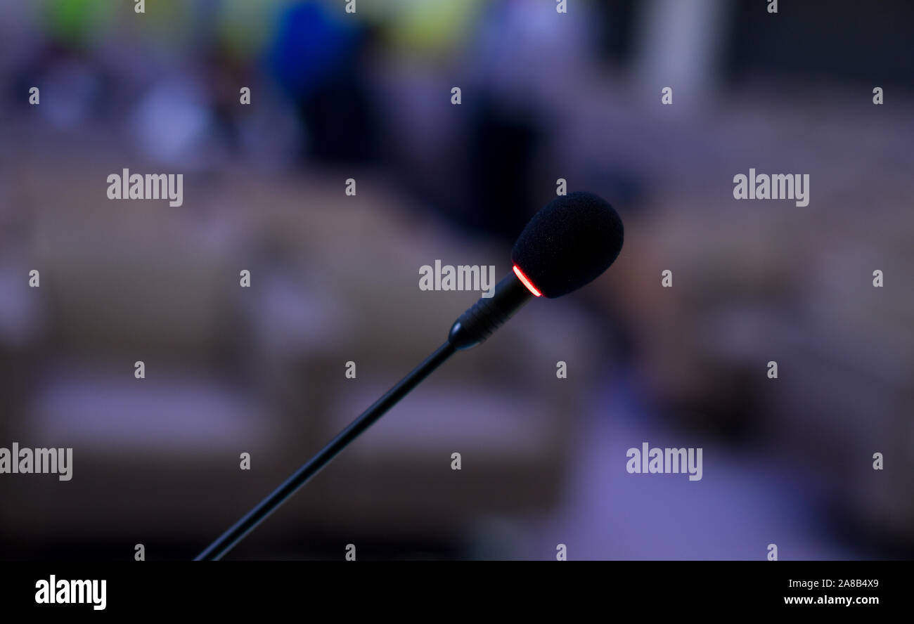 Microphones during business conference in conference room or hall ...