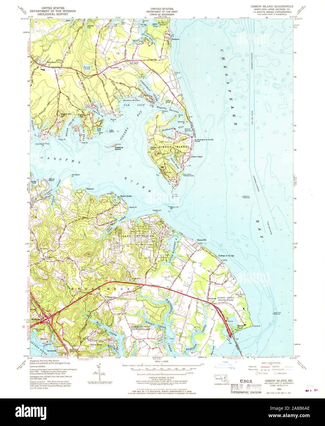 USGS TOPO Map Maryland MD Gibson Island 256365 1954 24000 Stock Photo ...