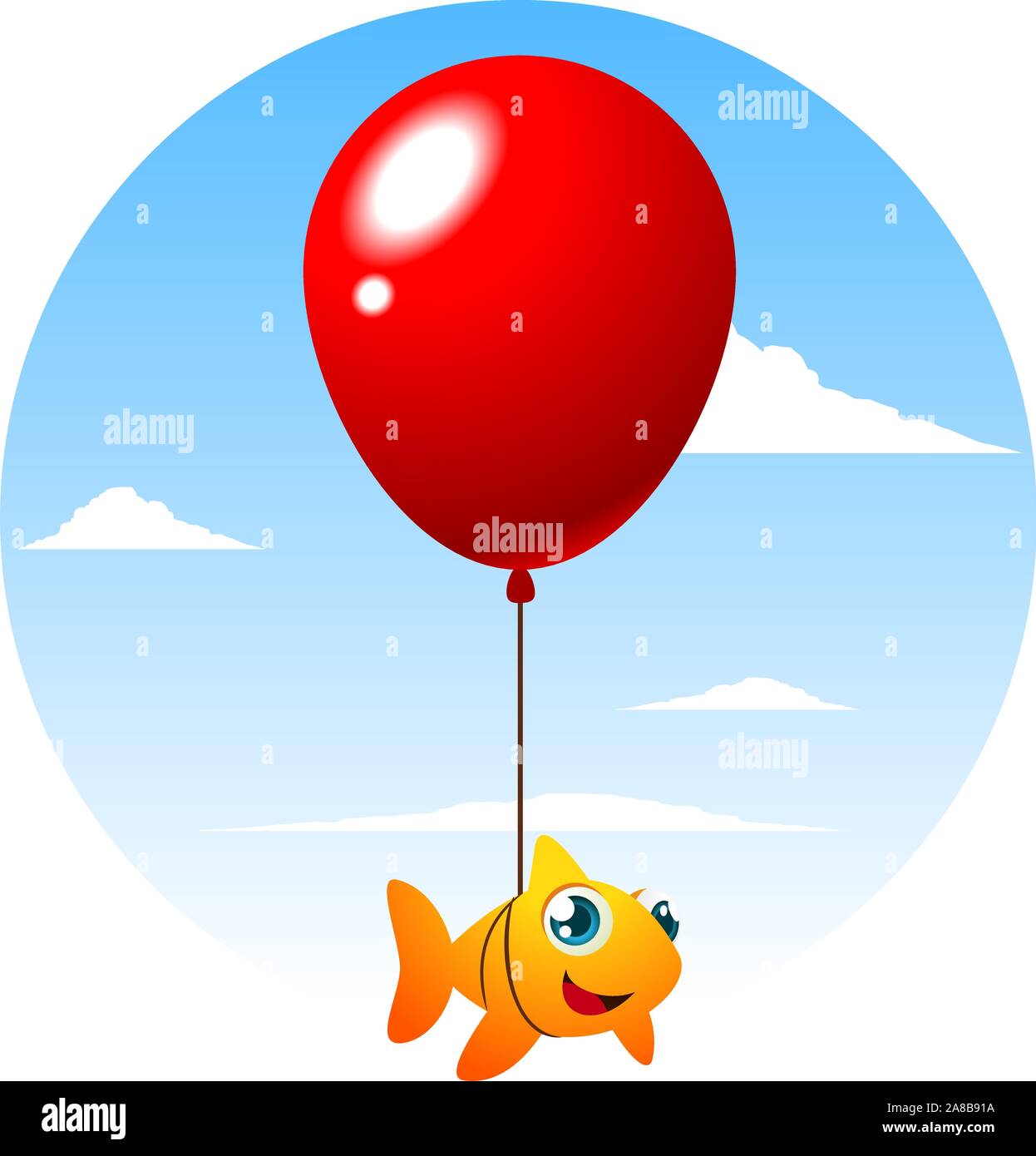 Flying orange and yellow fish tied up to a big red balloon, vector ...