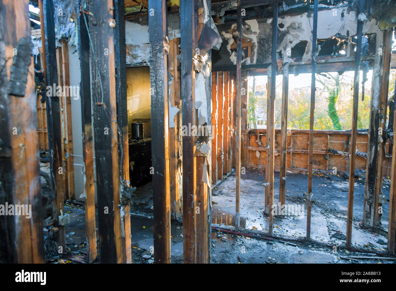 Burned house interior after fire building room inside burnt black ...