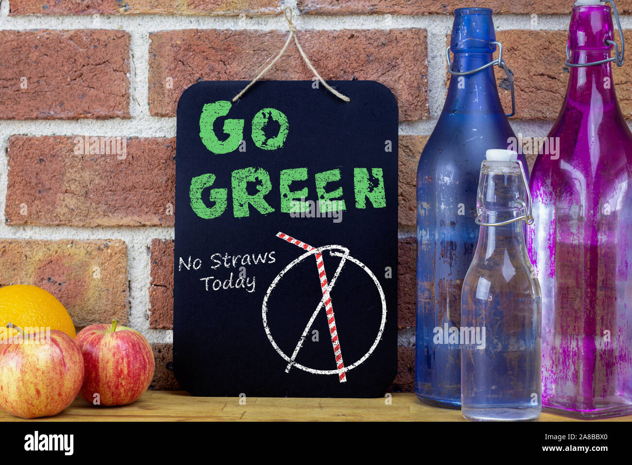 Chalkboard notice, Go Green, No straws today with no straws symbol, on ...