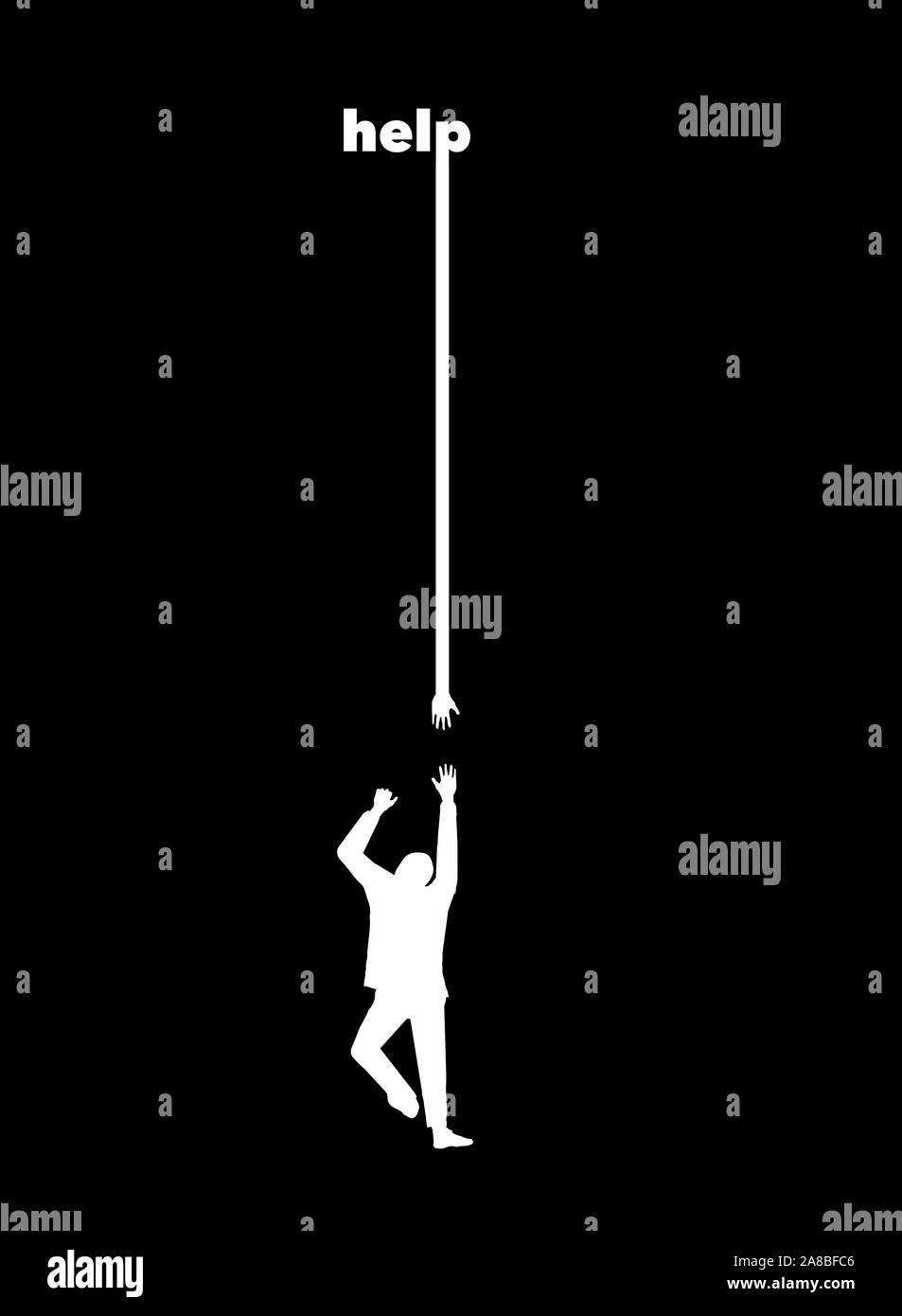 A silhouetted figure reaches for help and a hand reaching down from the ...