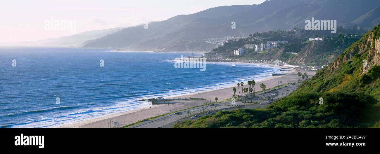High angle view of the beach, Malibu, Pacific Palisades, Santa Monica ...