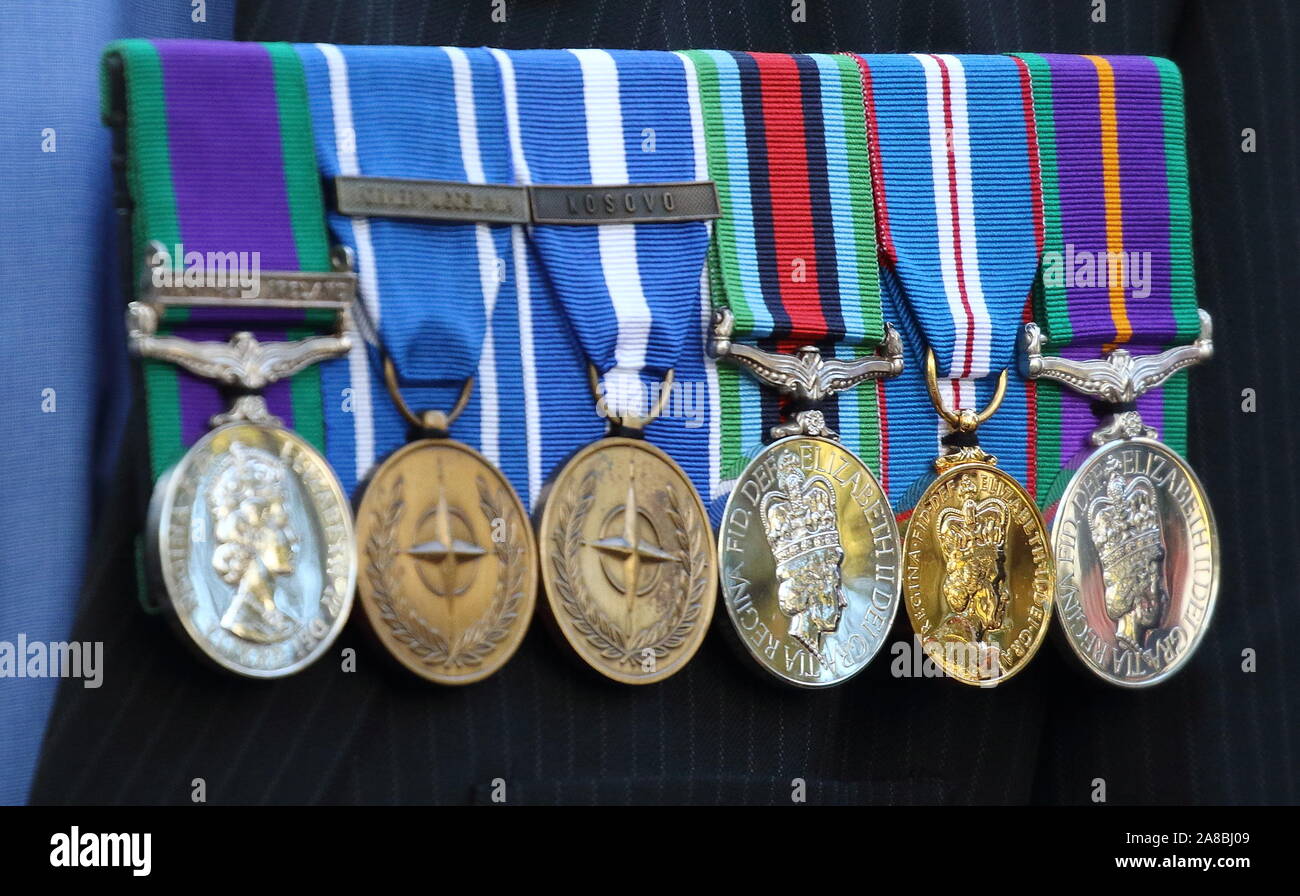 London, UK. 07th Nov, 2019. Row of campaign medals worn by an old ...