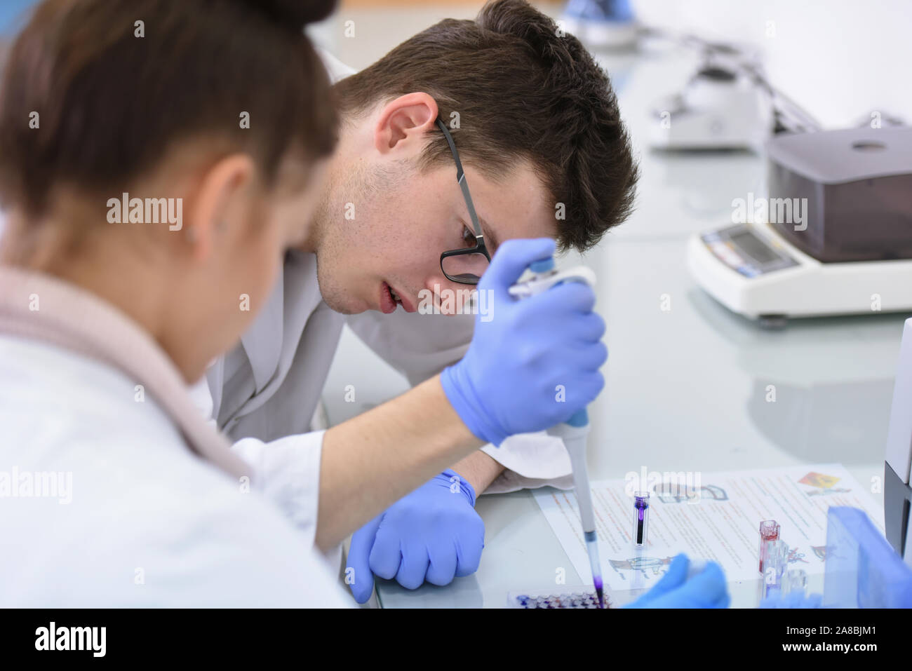 Two Young Female and male Laboratory scientists working at lab with ...