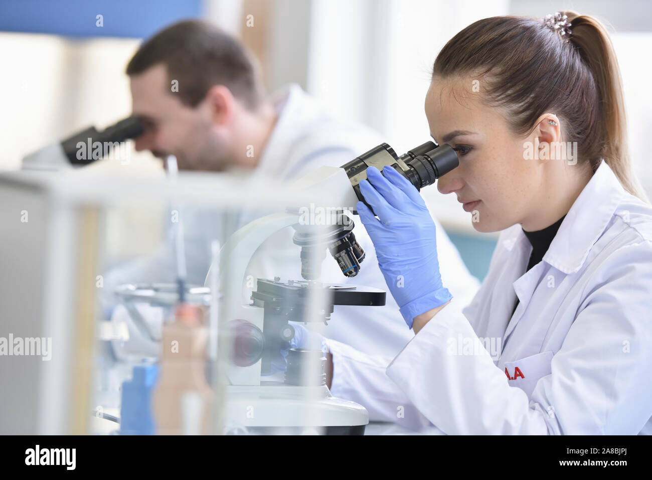 Two Young Female and male Laboratory scientists working at lab with ...
