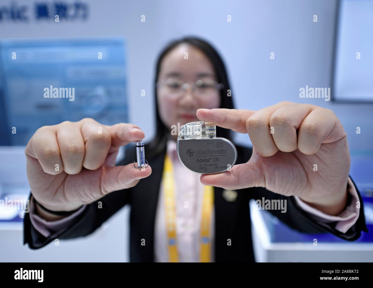 Shanghai, China. 7th Nov, 2019. A staff member shows a cardiac ...