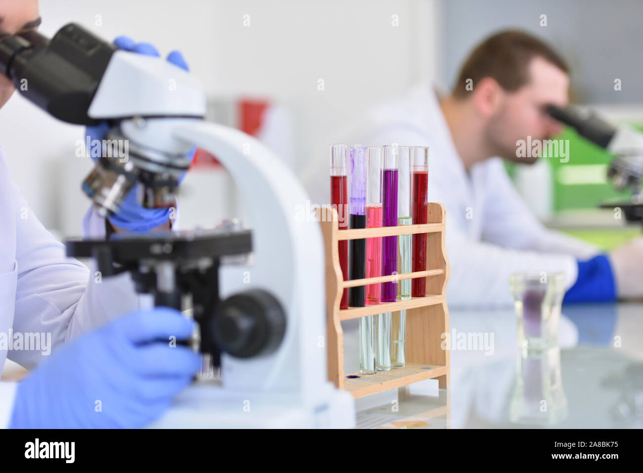 Two Young Female and male Laboratory scientists working at lab with ...