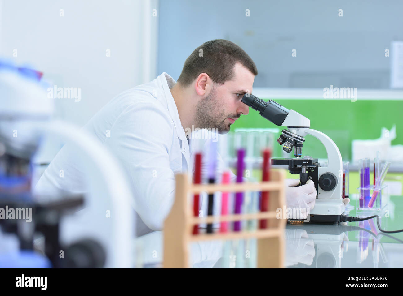 Young male scientist looking through a microscope in a laboratory doing ...