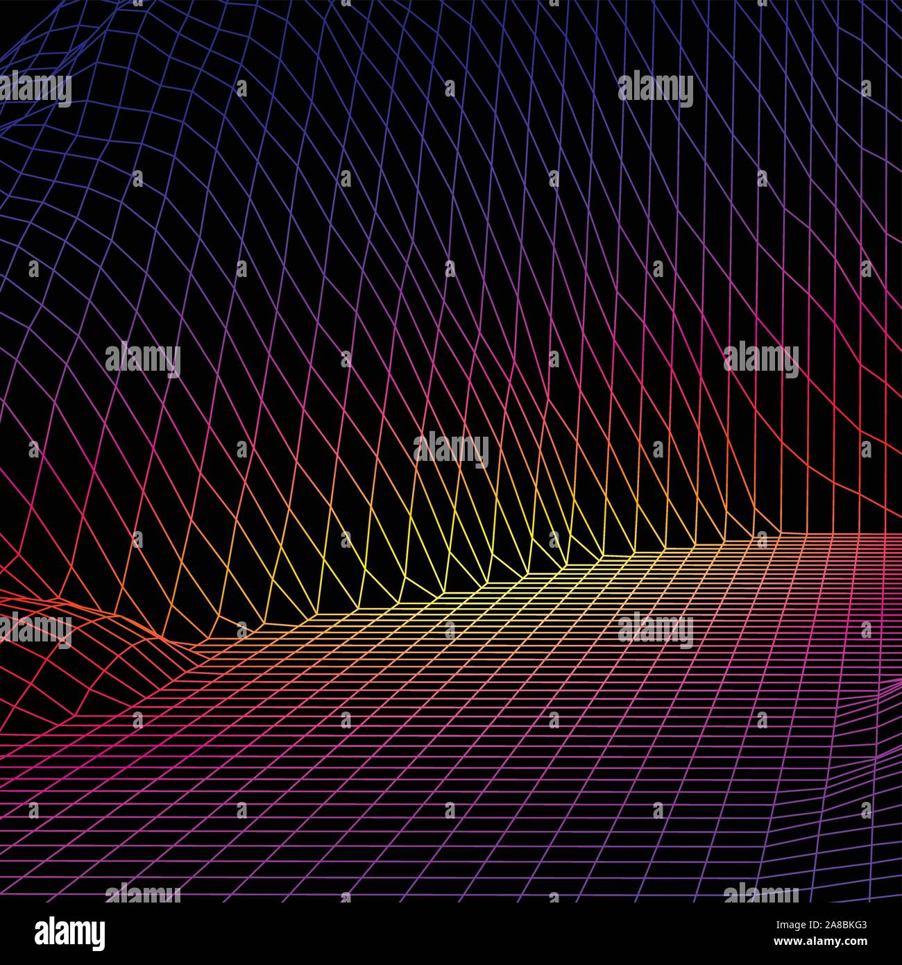 Landscape with wireframe grid of 80s styled retro computer game or ...