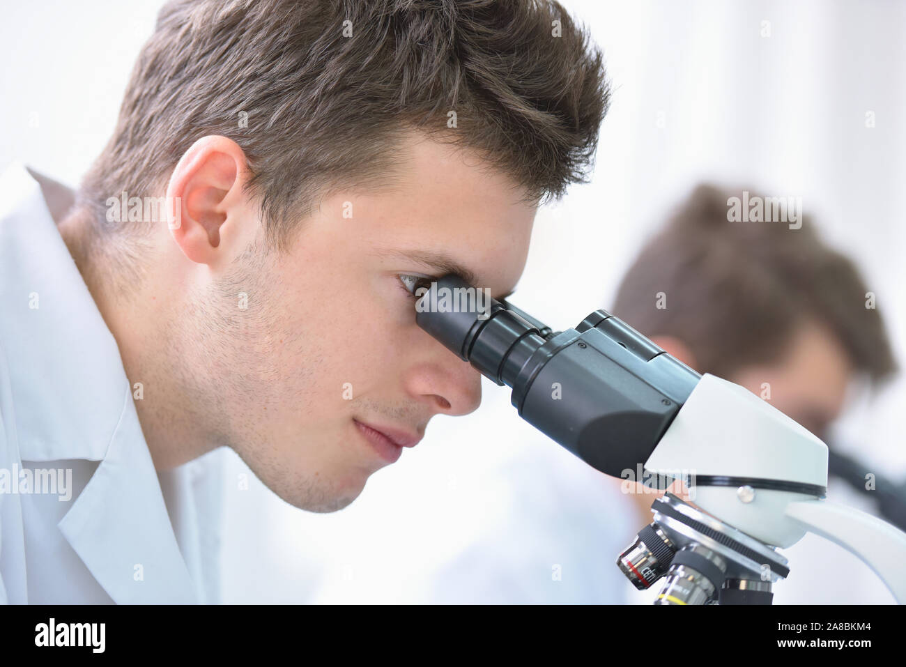 Two Young male scientists looking through a microscope in a laboratory ...