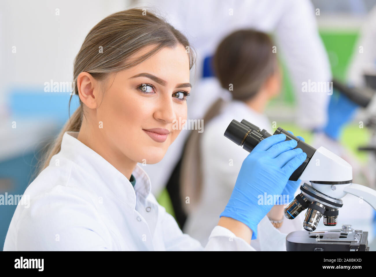 Group of young Laboratory scientists working at lab with test tubes and ...