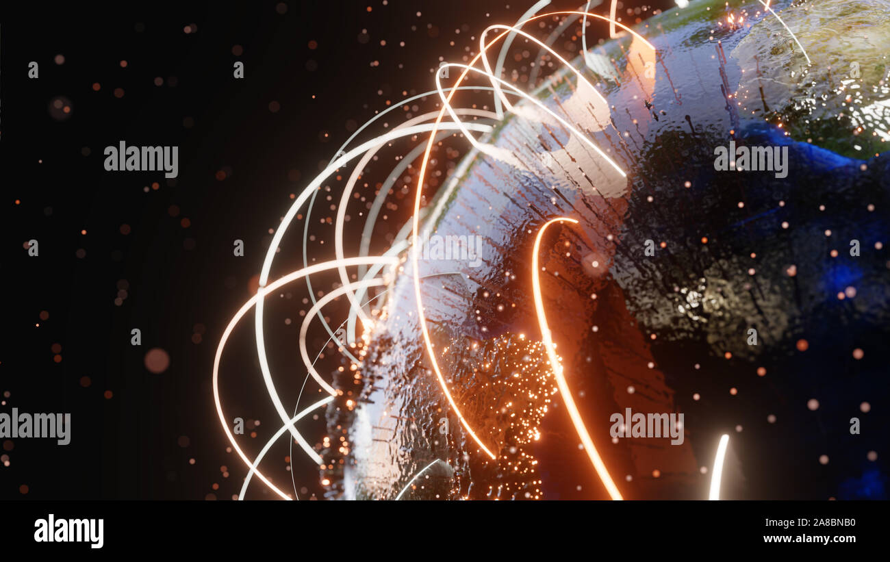 Connection curves and dots around Earth globe, Futuristic technology ...
