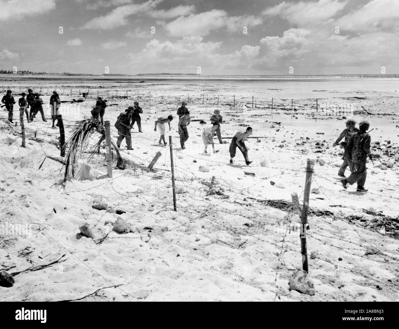 Japanese prisoners taken by Marines in stooped position to prevent ...