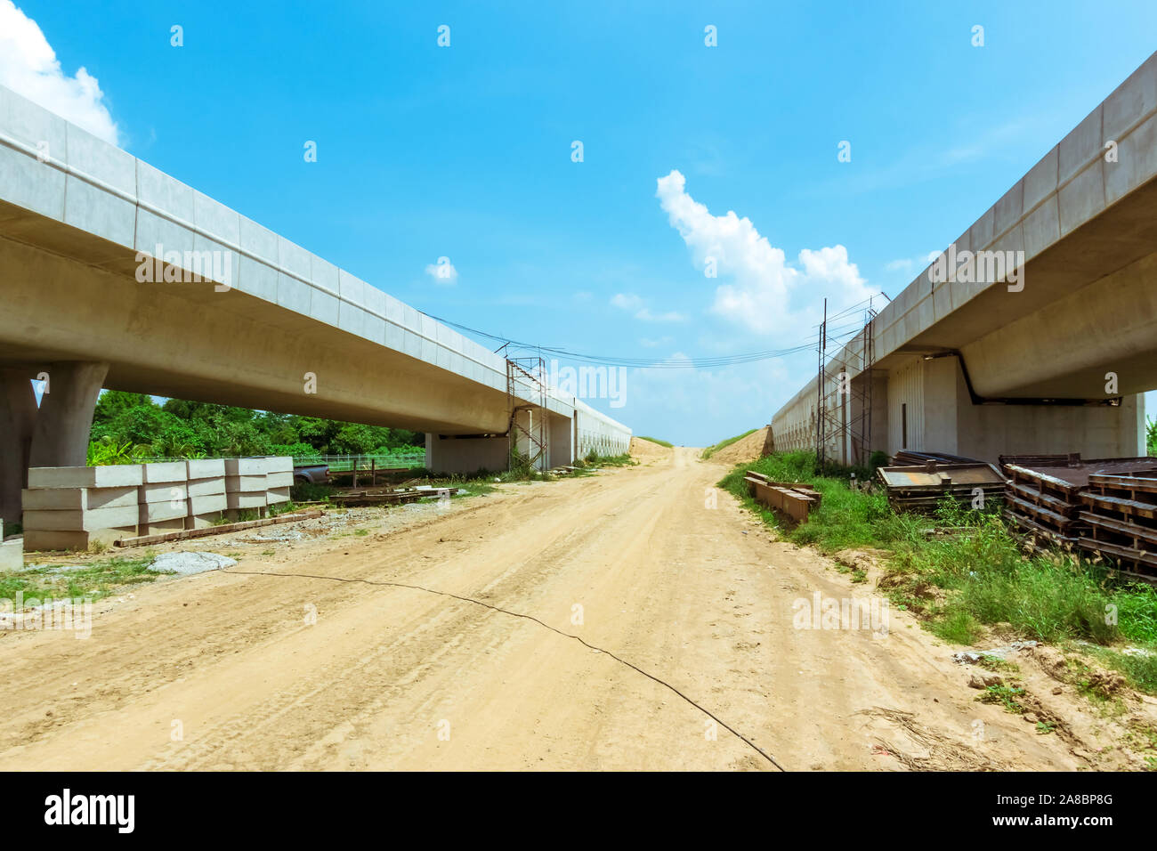 Unfinished of construction of the large concrete bridge of the motorway ...