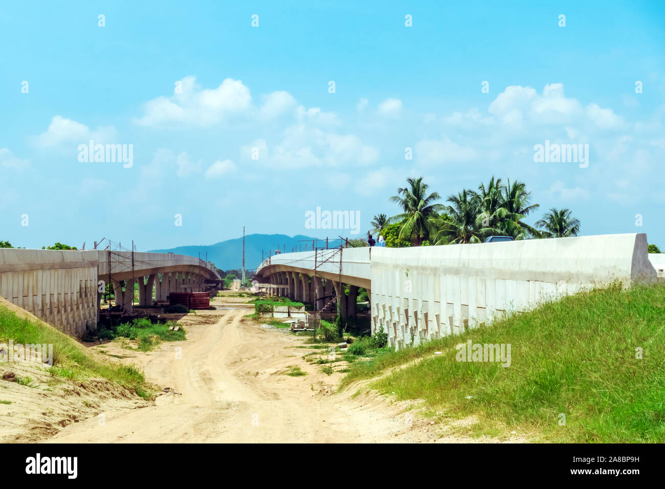 Unfinished of construction of the large concrete bridge of the motorway ...