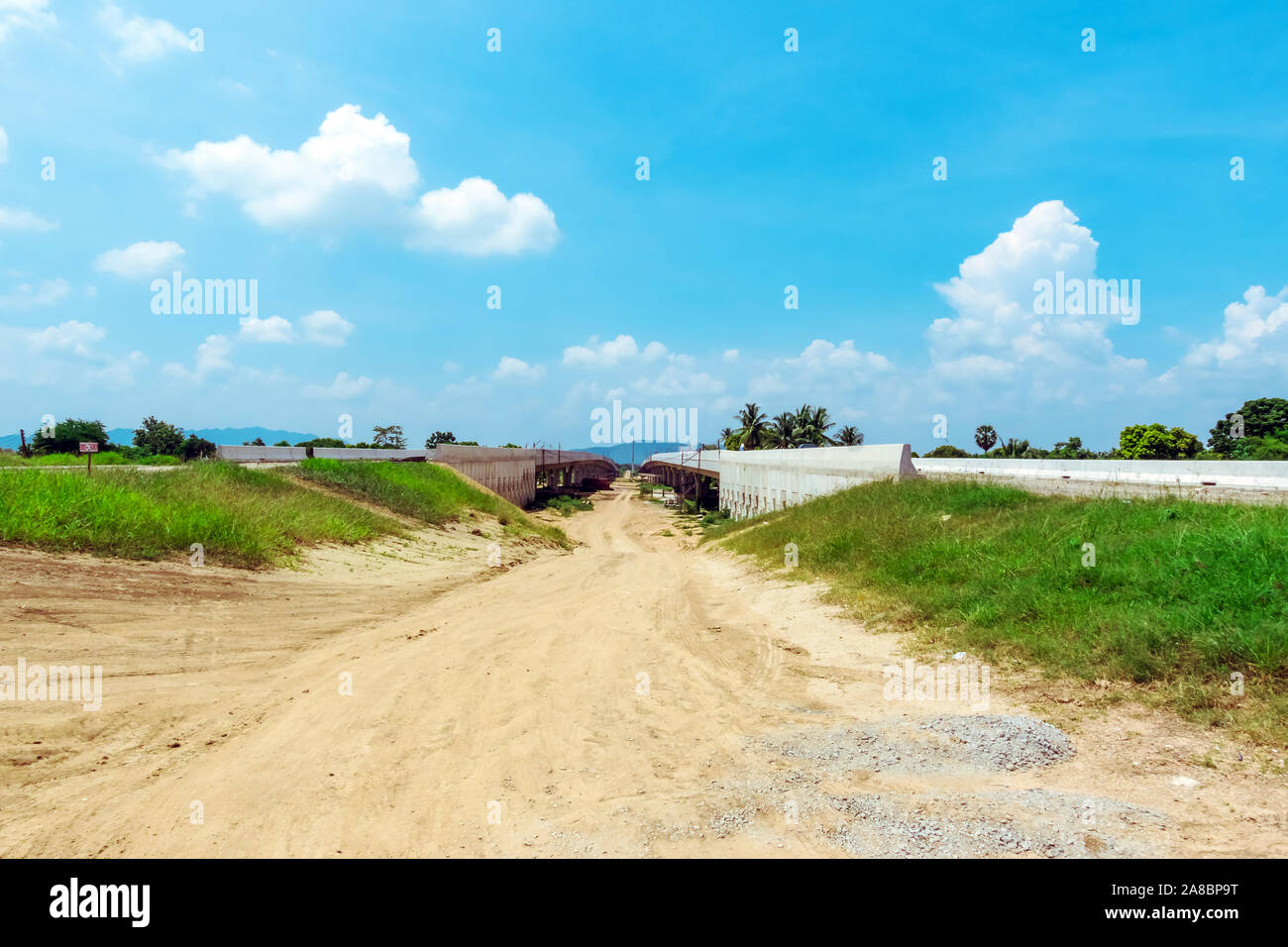 Unfinished of construction of the large concrete bridge of the motorway ...