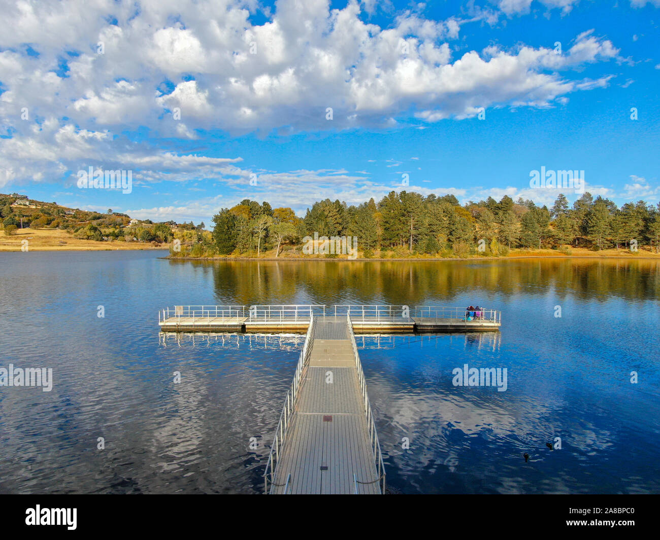 Aerial view of pier and dock at Lake Cuyamaca, 110 acres reservoir and ...