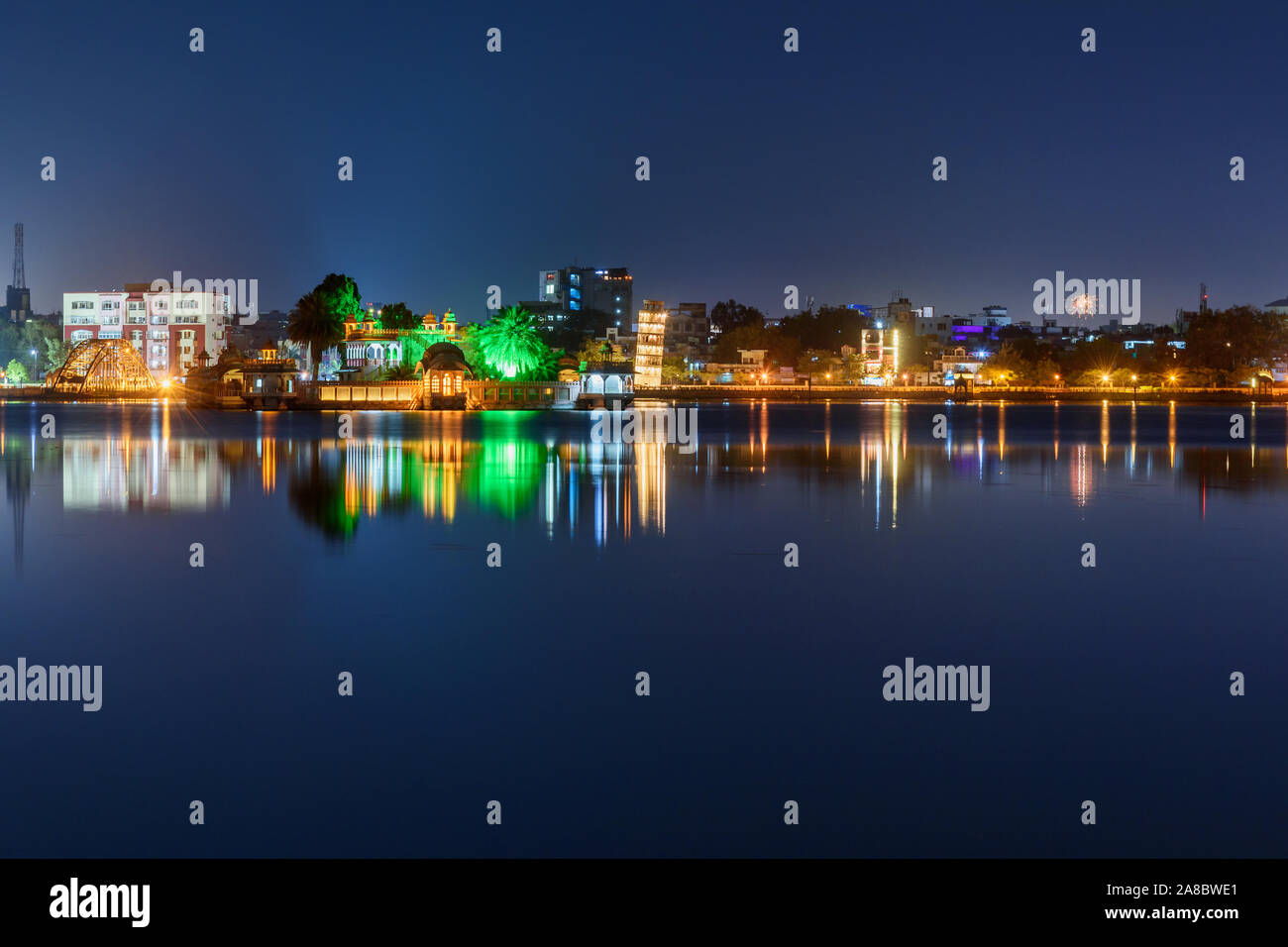 Seven Wonders Park on Kishore Sagar lake at night. Kota. India Stock ...