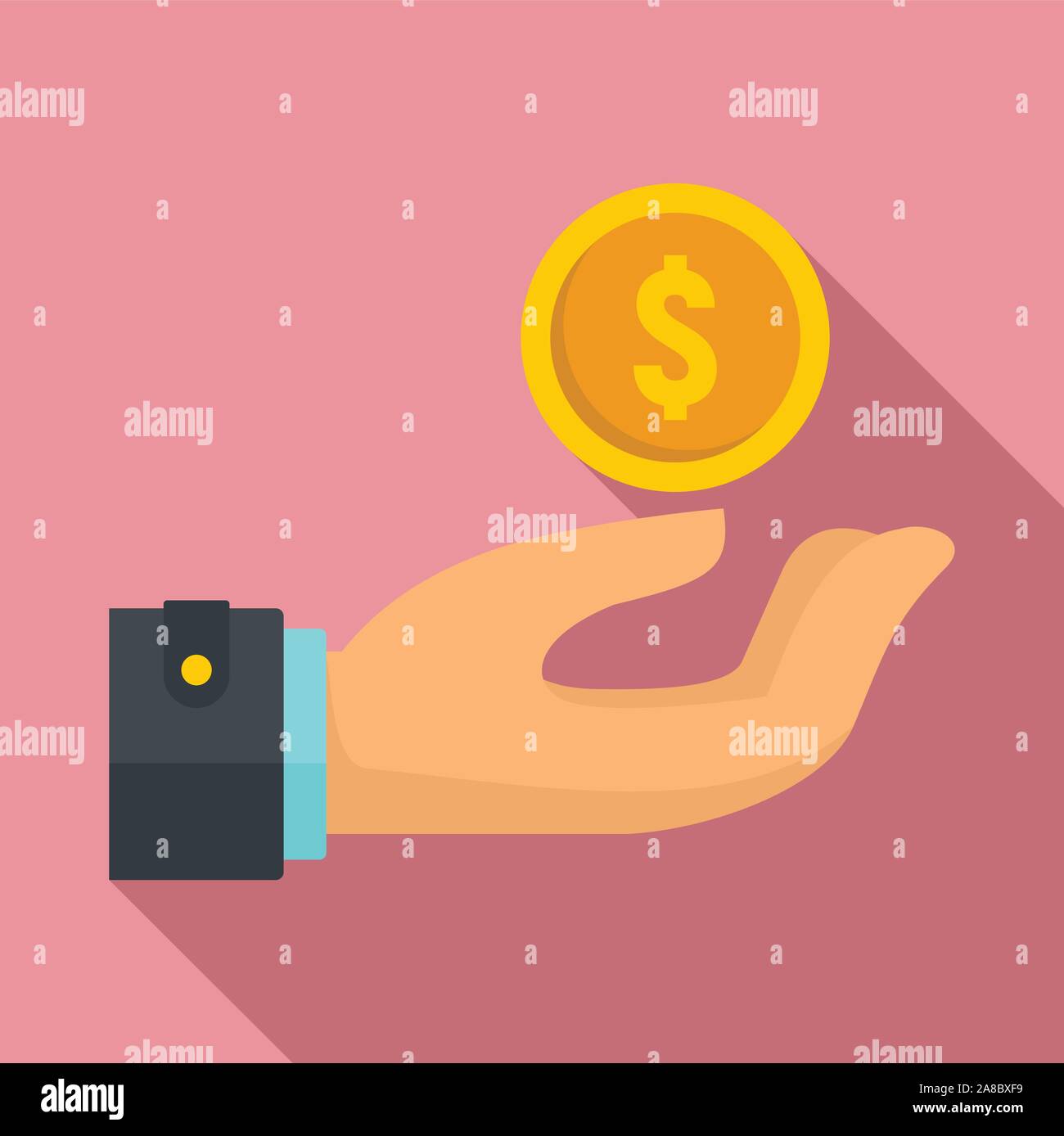 Gold coin in hand icon. Flat illustration of gold coin in hand vector ...