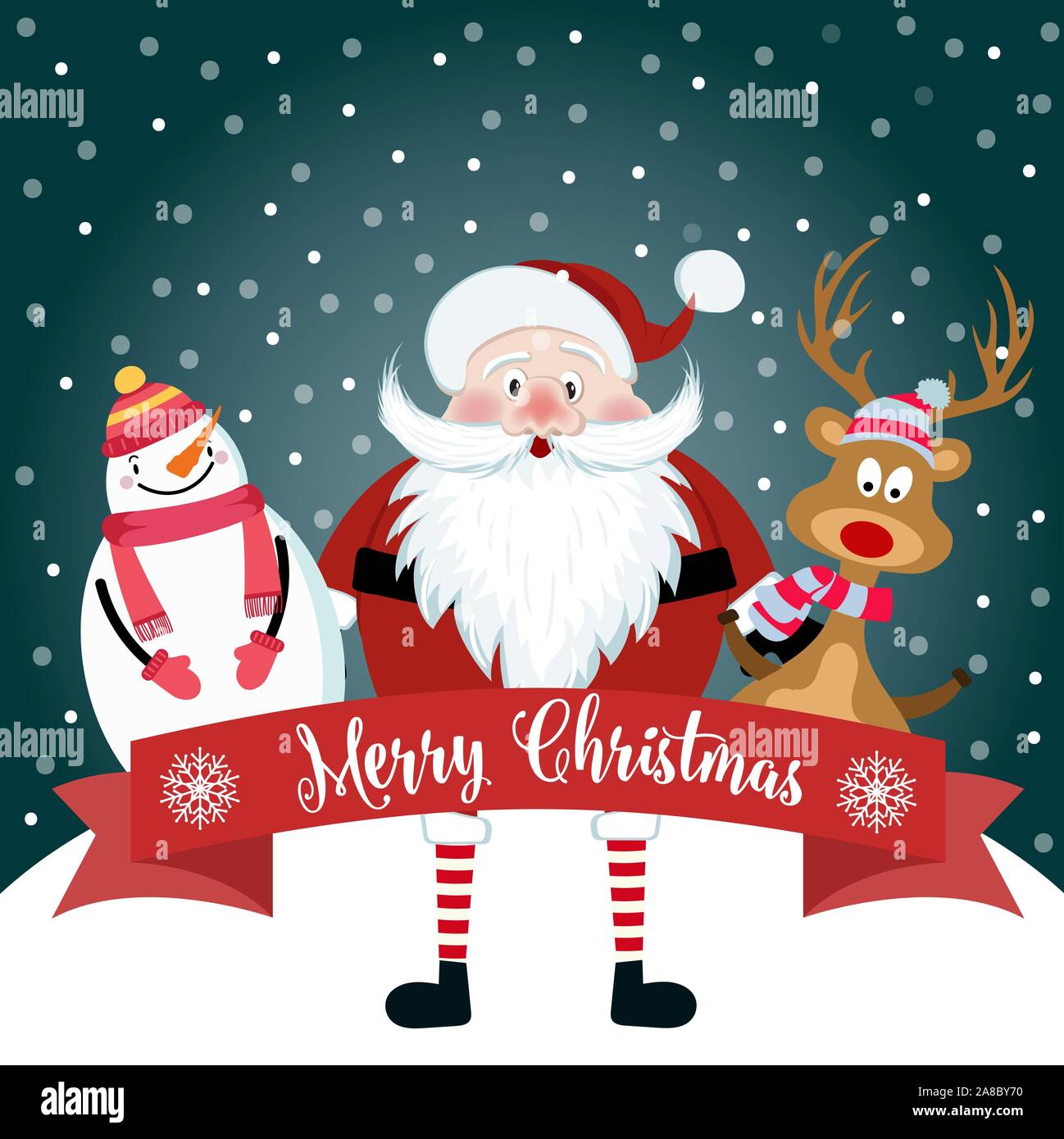 Christmas card with cute Santa, snowman and reindeer. Flat design ...