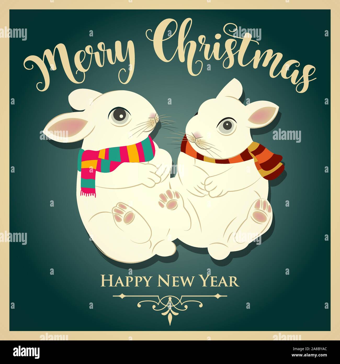 Vintage Christmas card with rabbits and message. Christmas poster ...