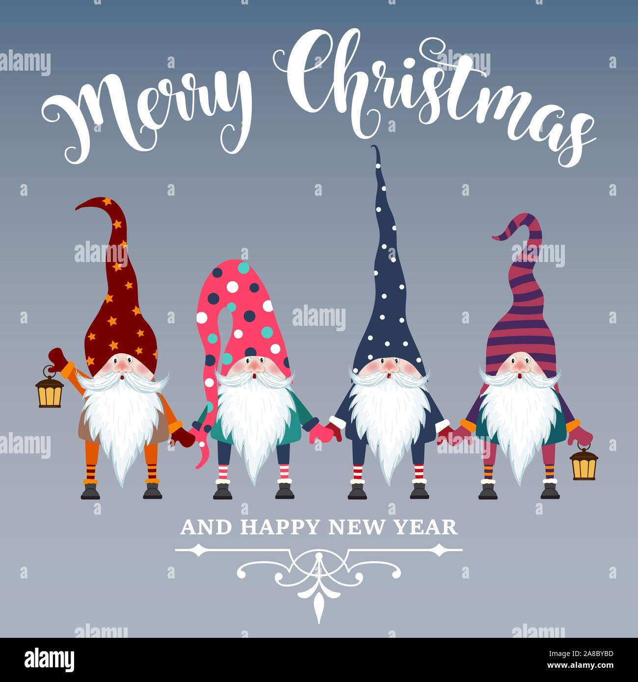 Beautiful flat design Christmas card with gnomes. Christmas poster ...