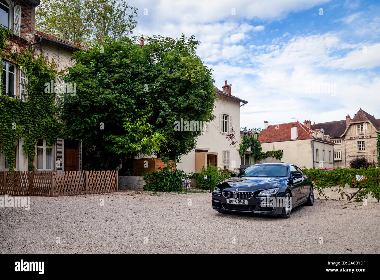 France Lyon 2019-06-18 closeup luxury dark blue German car sedan ... France Lyon 2019-06-18 closeup luxury dark blue German car sedan ...