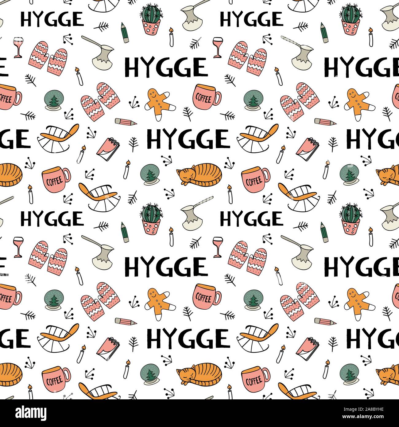 Seamless pattern with hygge hand drawn elements. Colored objects for ...