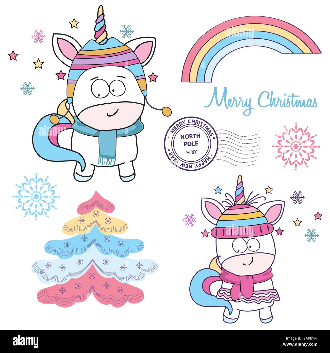 Magical Christmas unicorns collection on white background Stock Vector ...