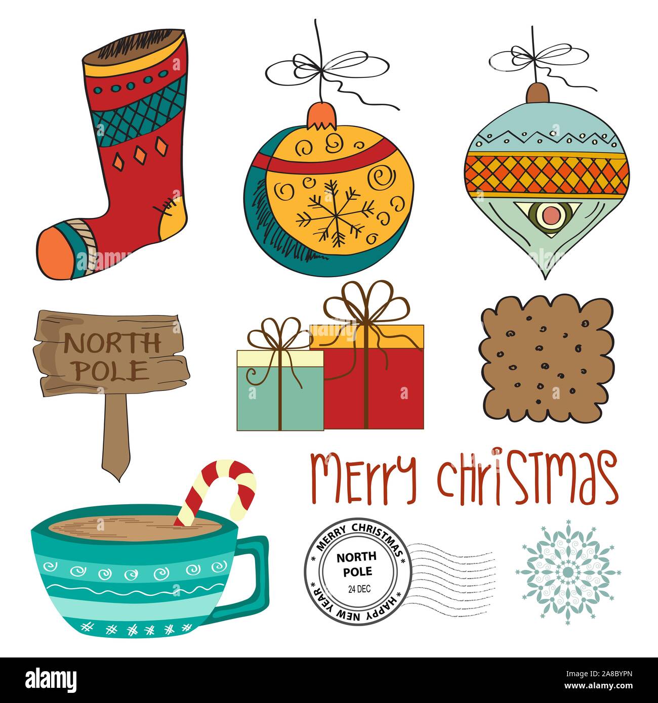 Hand draw Christmas items collection isolated on white background ...