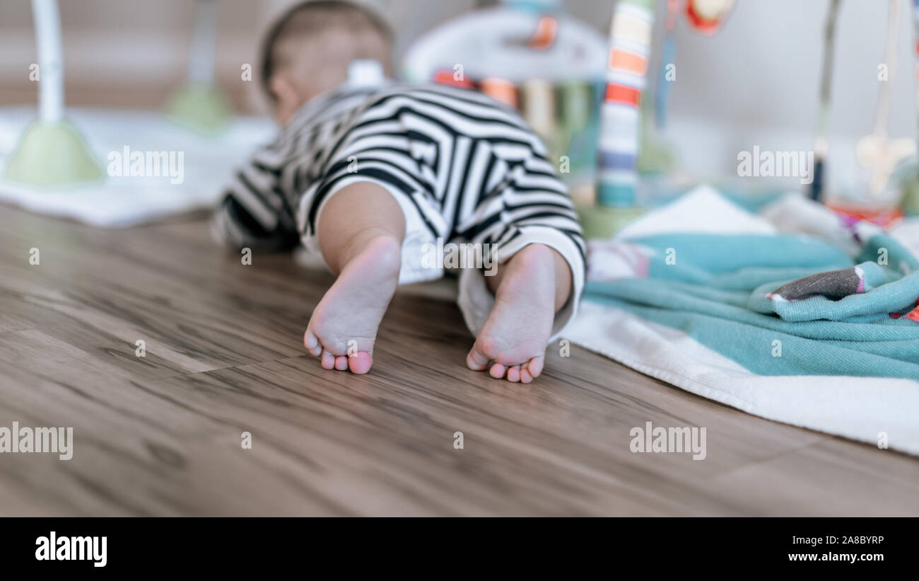Adorable baby boy learning to crawl on the floor at home. Rear view ...