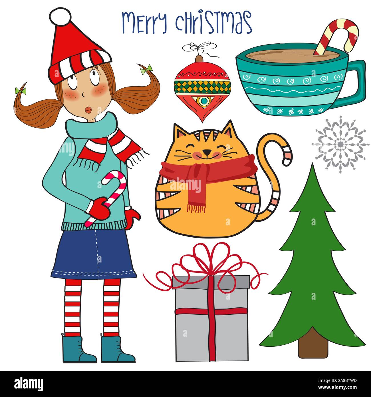 Cute hand drawn, Christmas items collection isolated on white Stock ...