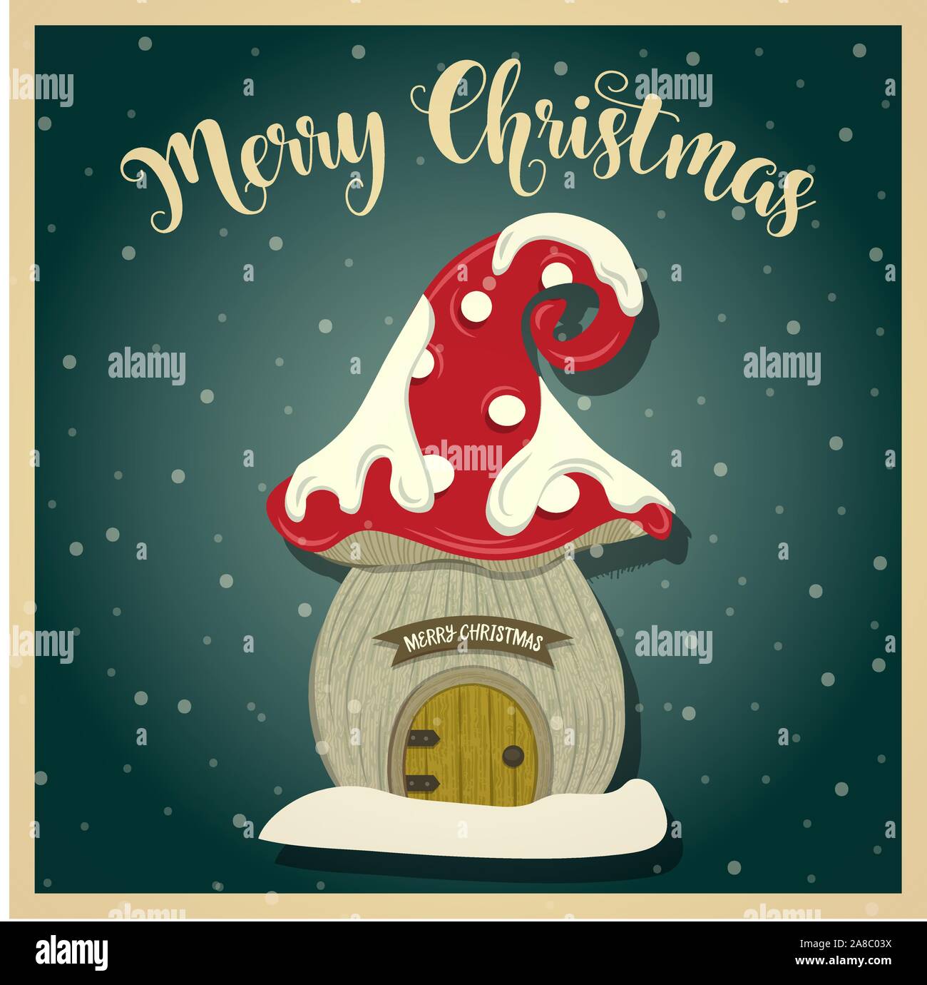 Vintage Christmas card with gnome house. Christmas poster. Print ...