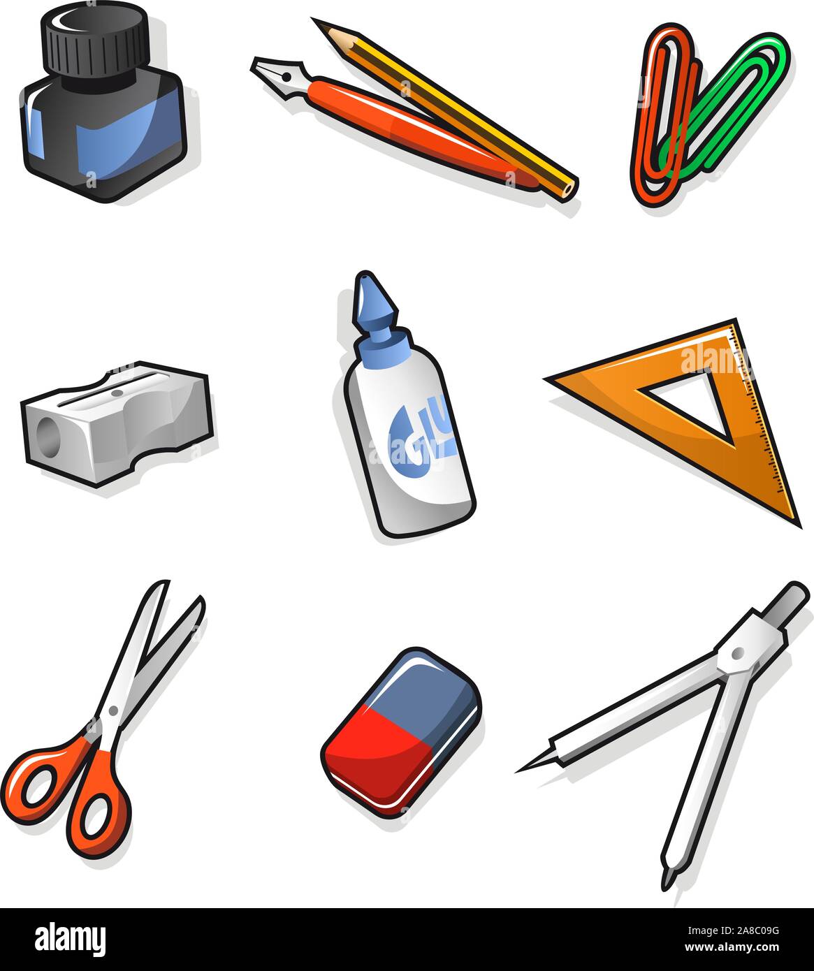 School elements Ink Pen Clip Sharpener Glue Set-square Scissors Rubber ...