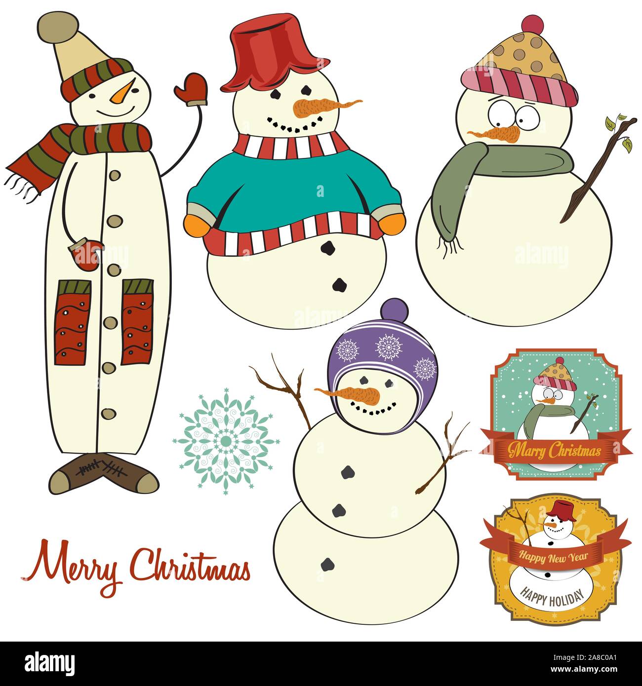 Cute hand draw snowmen collection isolated on white background Stock ...