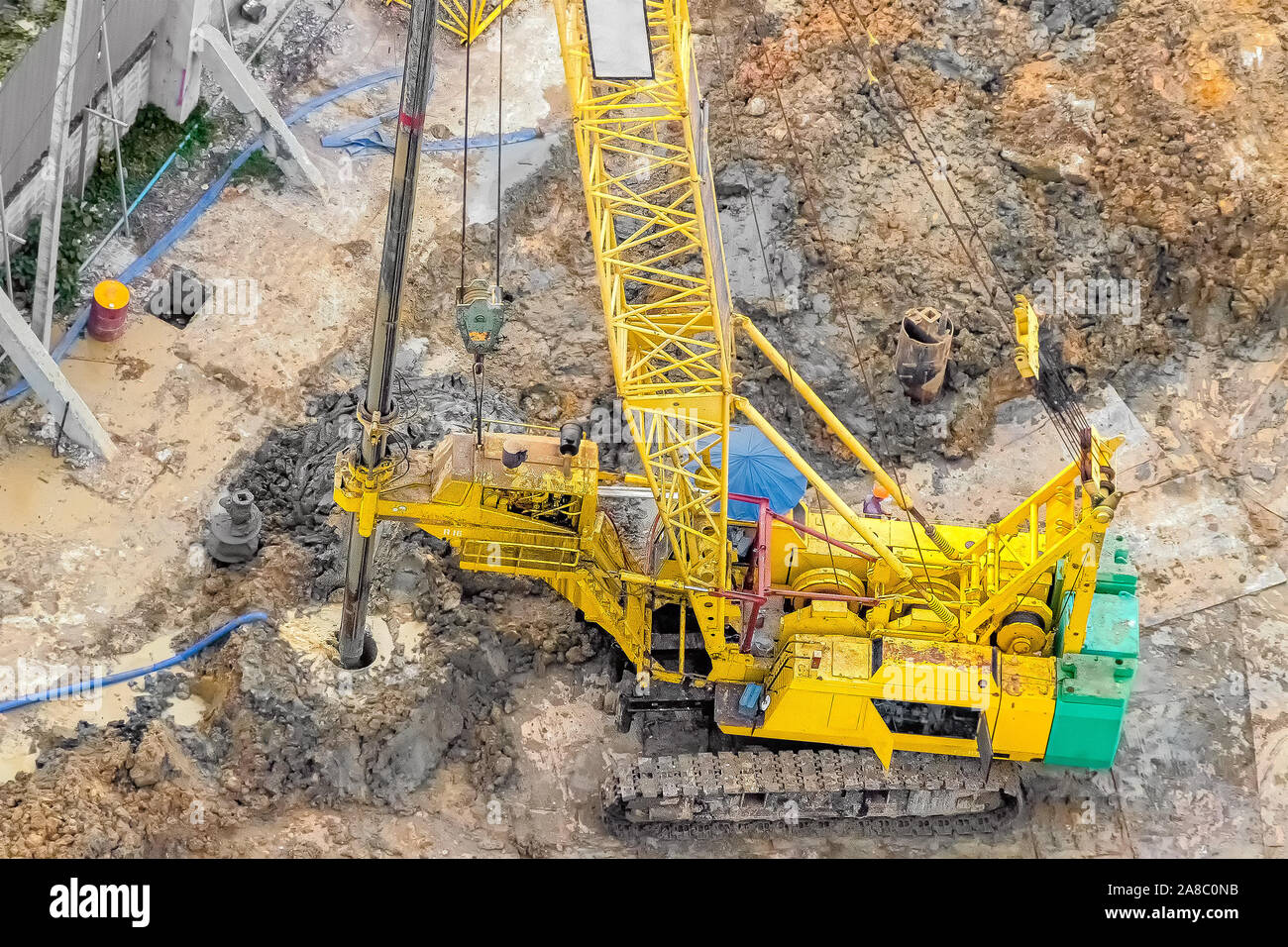 Aerial view of concrete bored pile foundation work on a construction ...