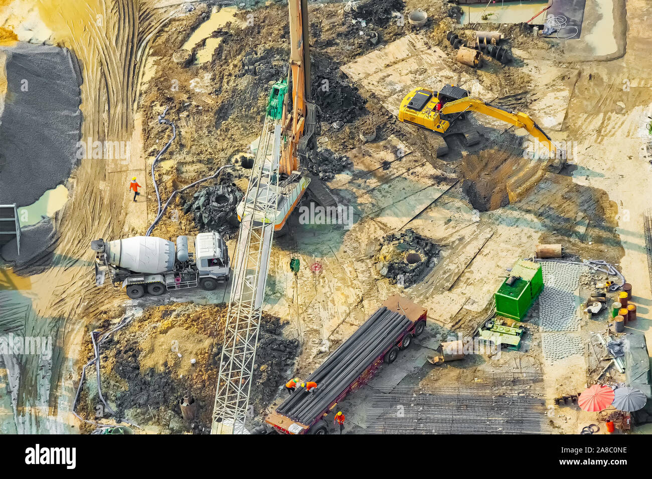 Aerial view of concrete bored pile foundation work on a construction ...