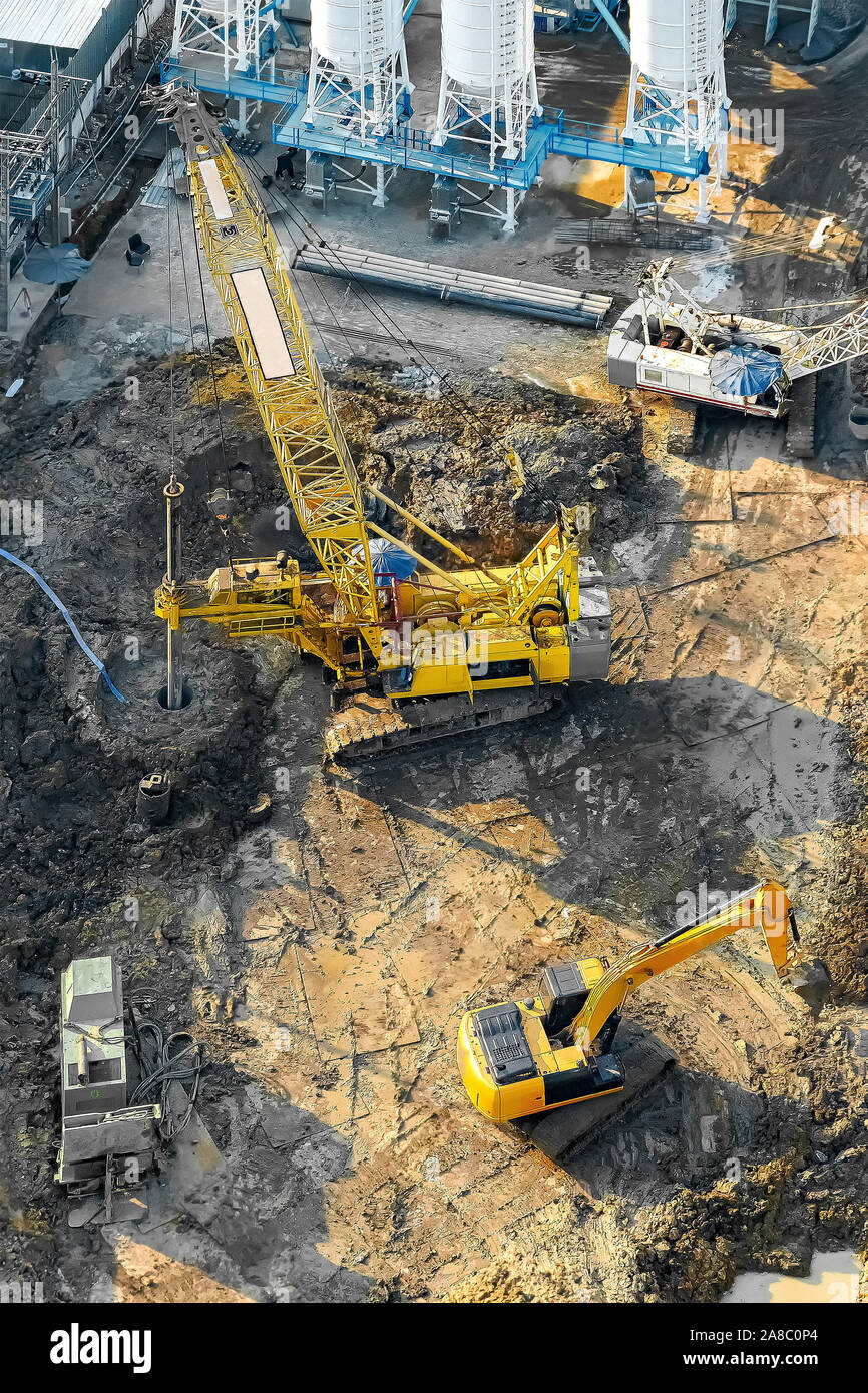 Aerial view of concrete bored pile foundation work on a construction ...