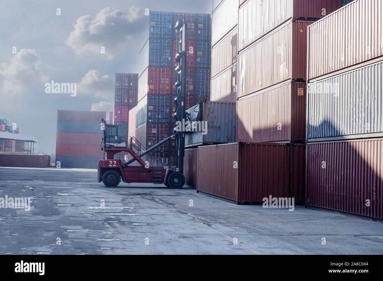 Toplifter handles cargo containers. In the import and export zone Stock ...