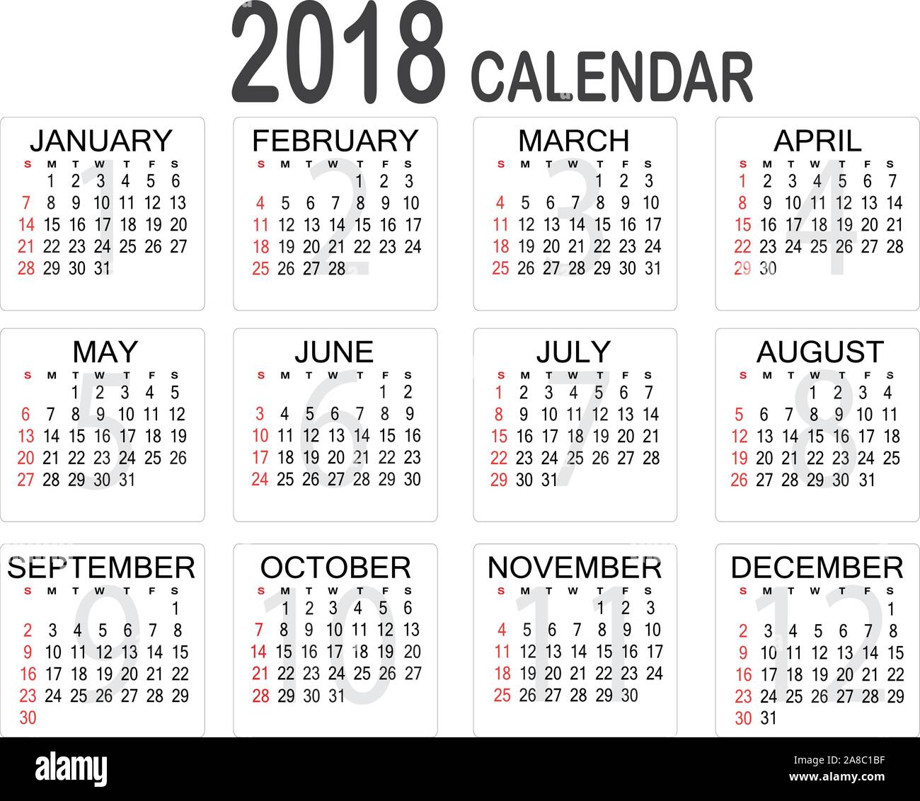 simple 2018 year calendar on white background. calendar for 2018 year ...