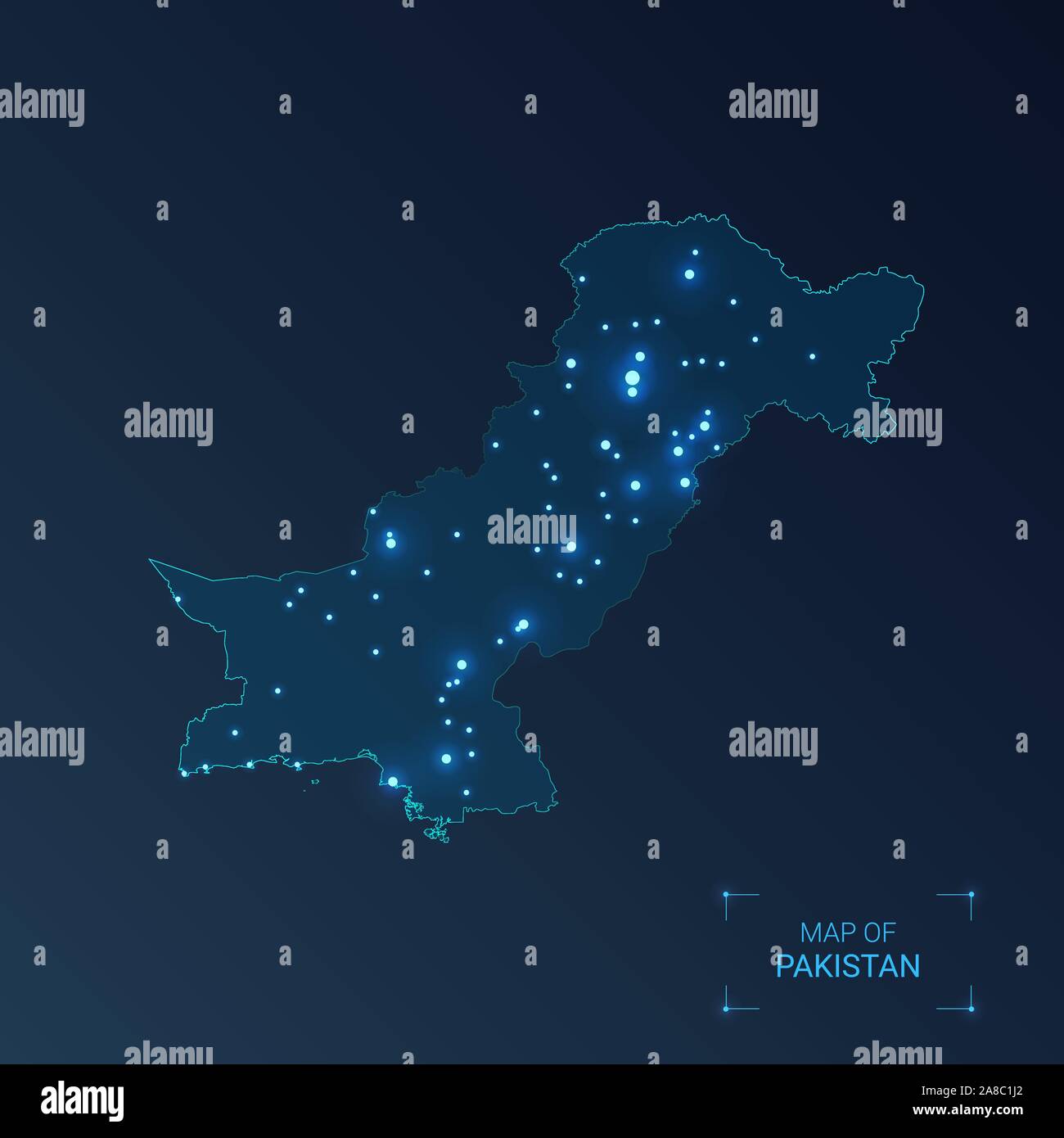 Pakistan map with cities. Luminous dots - neon lights on dark ...