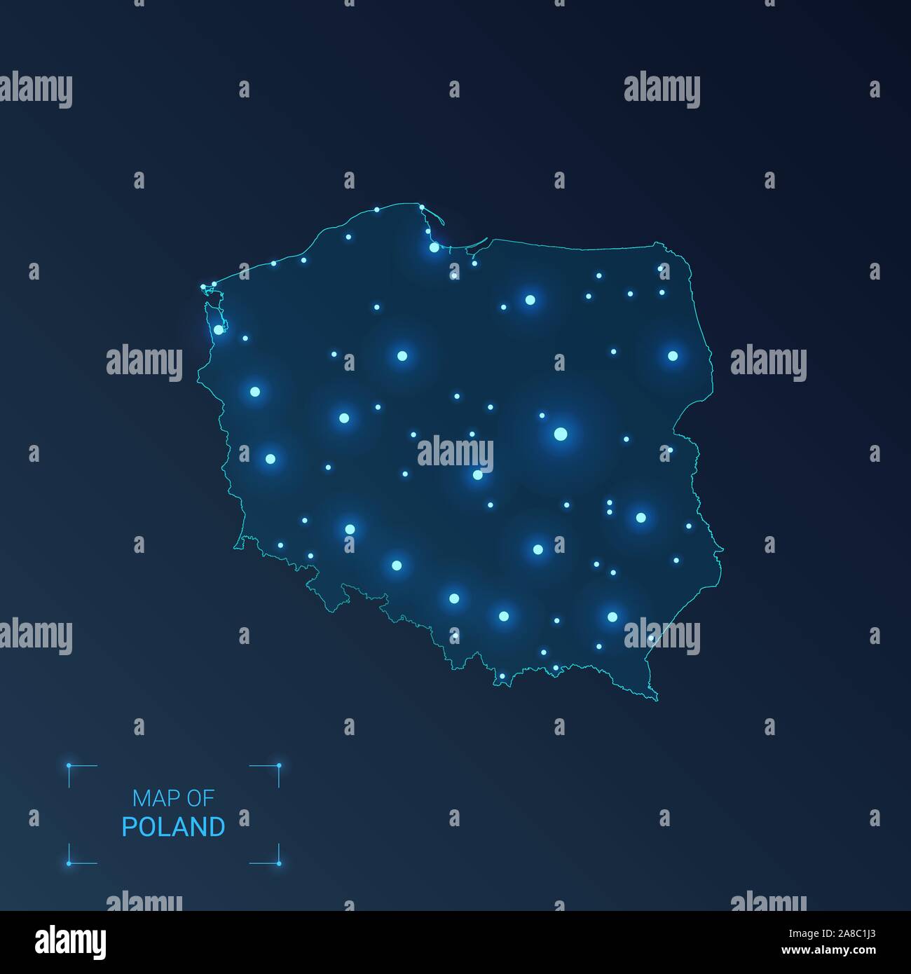 Poland map with cities. Luminous dots - neon lights on dark background ...