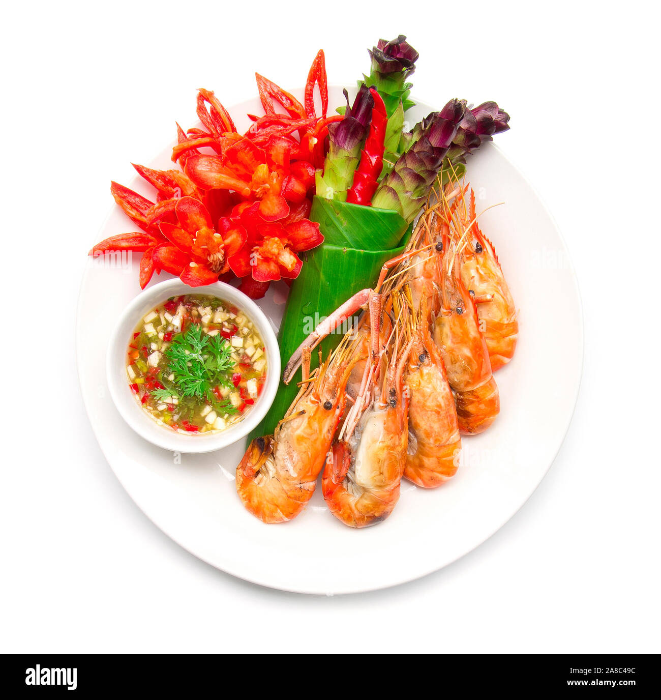 Grilled shrimp or small river prawns with Thai spicy sauce seafood ...
