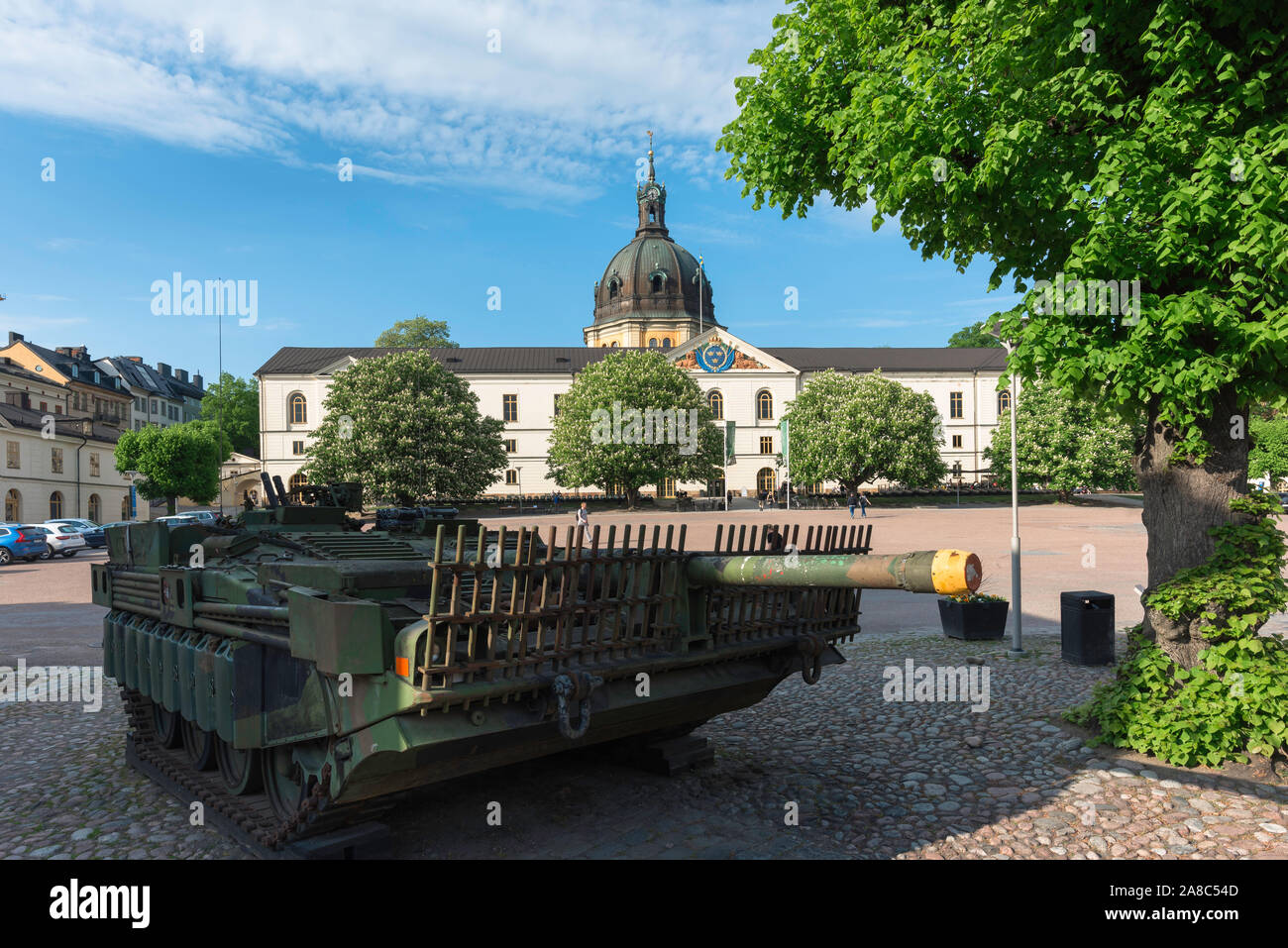 Army Museum Stockholm, view in summer of a tank parked in the grand ...