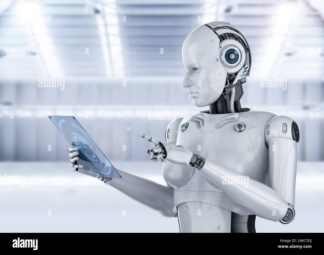 Automation worker concept with 3d rendering female cyborg or robot with glass tablet Stock Photo ...