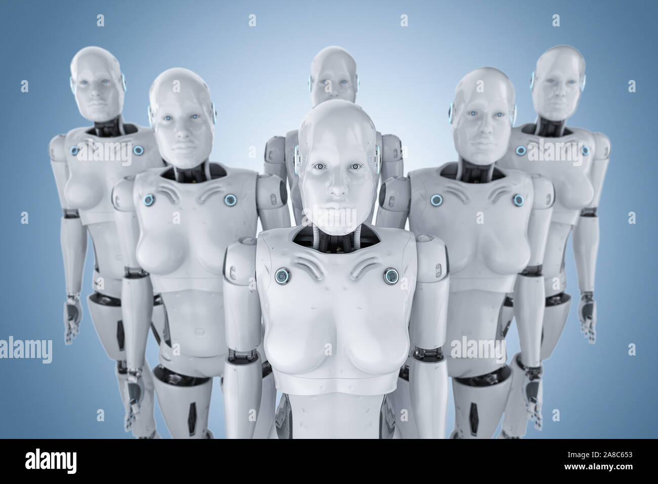 Female Cyborg Army Concept With 3d Rendering Group Of Female Cyborgs Or Robots In A Row Stock