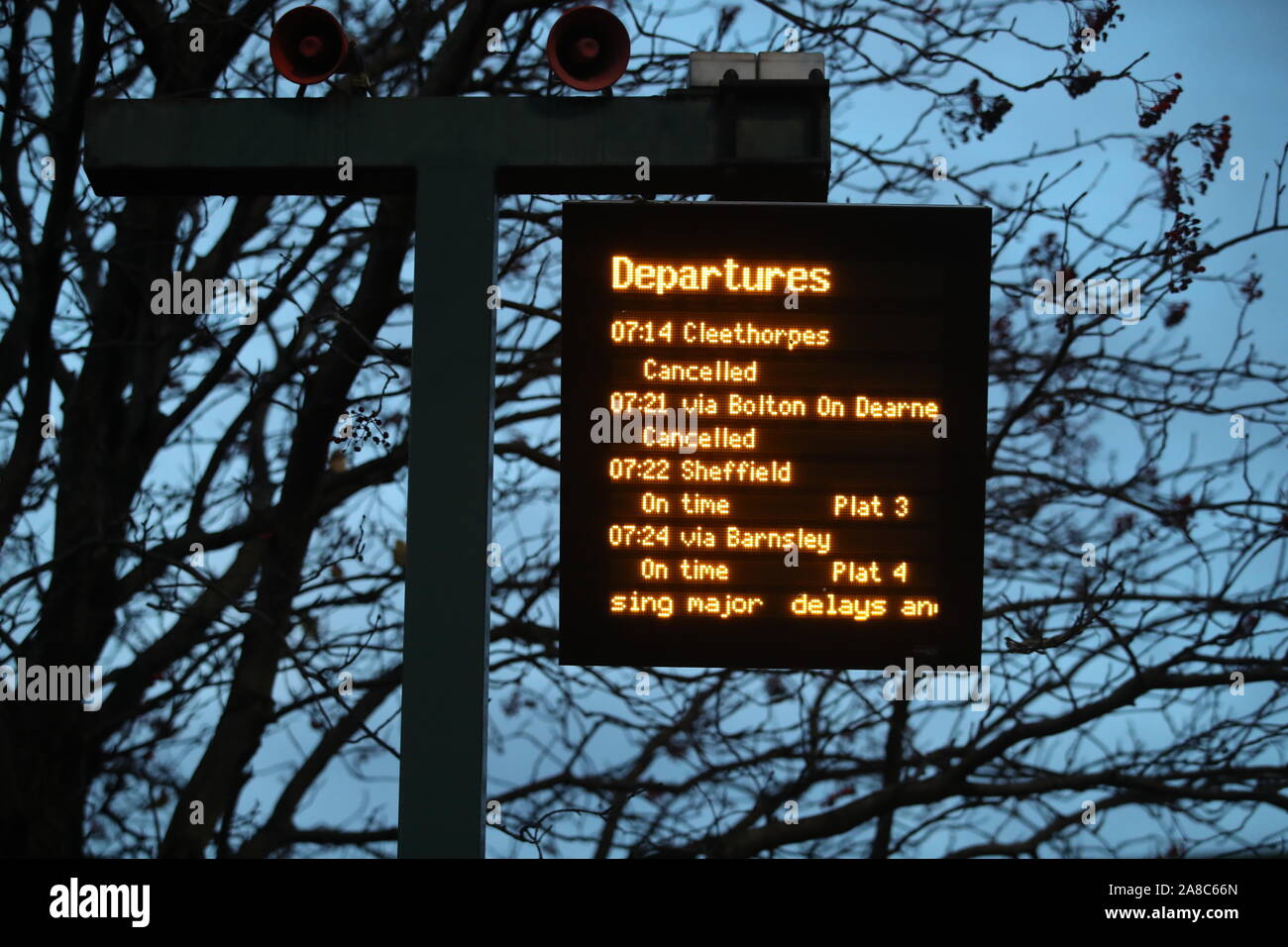 A sign shows cancelled trains at a station close to the Meadowhall ...